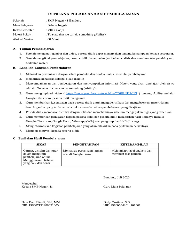 RPP Bahasa Inggris VIII KD 3.2 Can Dan Will Part 1 | PDF