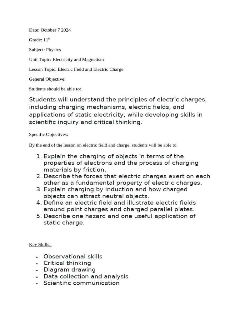 electric field and electric charge lesson plan | PDF