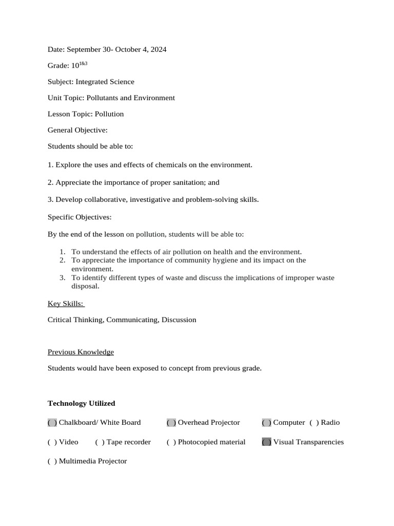 Lesson Plan On Pollution Evaluated | PDF