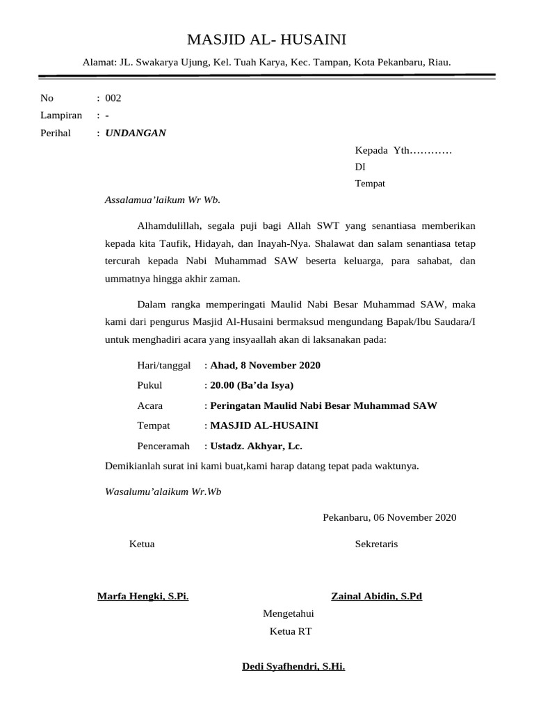 Surat - Undangan - Maulid - Nabi - Muhammad - Saw - Masjid Al-Husaini | PDF