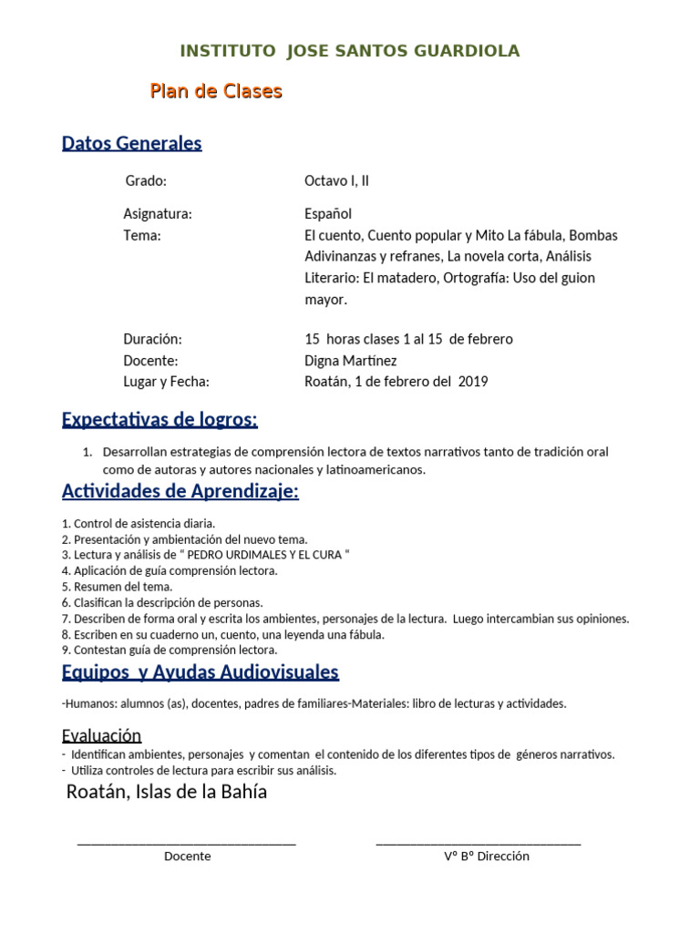 Plan de Clases de Español para Octavo | PDF | Maestros | Lengua española