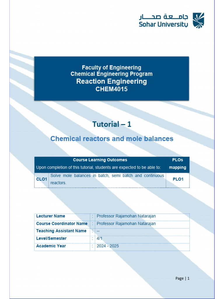 Tutorial 1 -CHEM 4005- 20241 | PDF