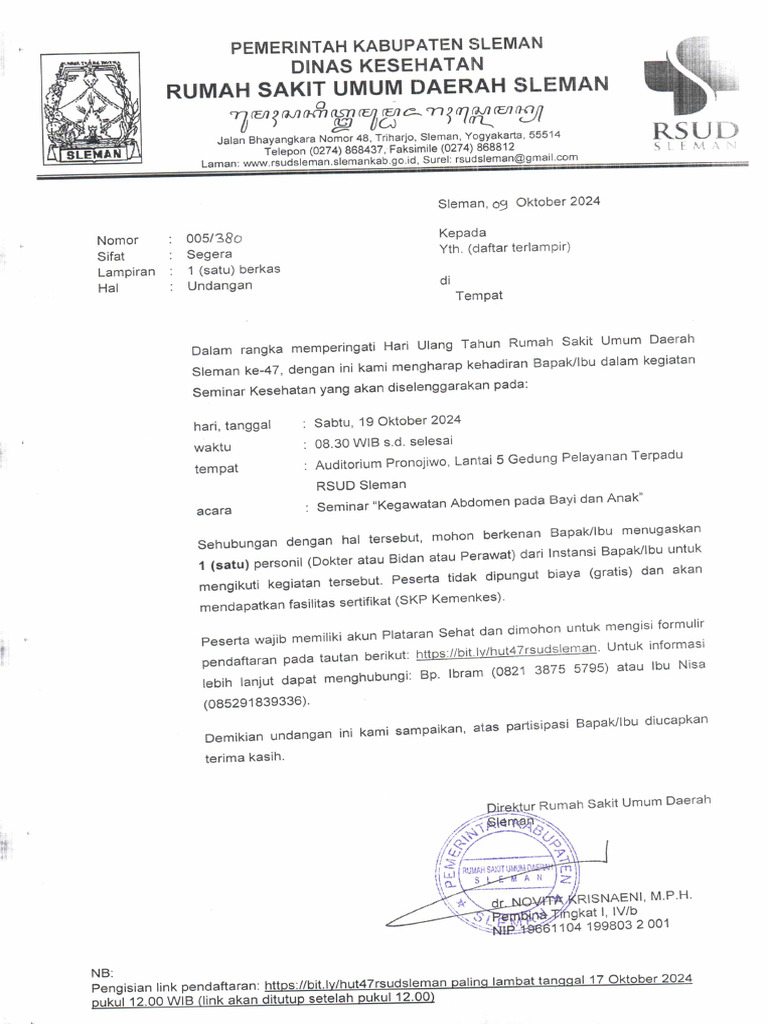 UNDANGAN SEMINAR HUT-47 RSUD SLEMAN | PDF