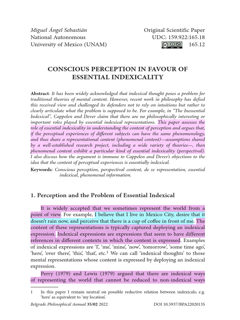(2022) Conscious Perception in Favour of Essential Indexicality | PDF ...