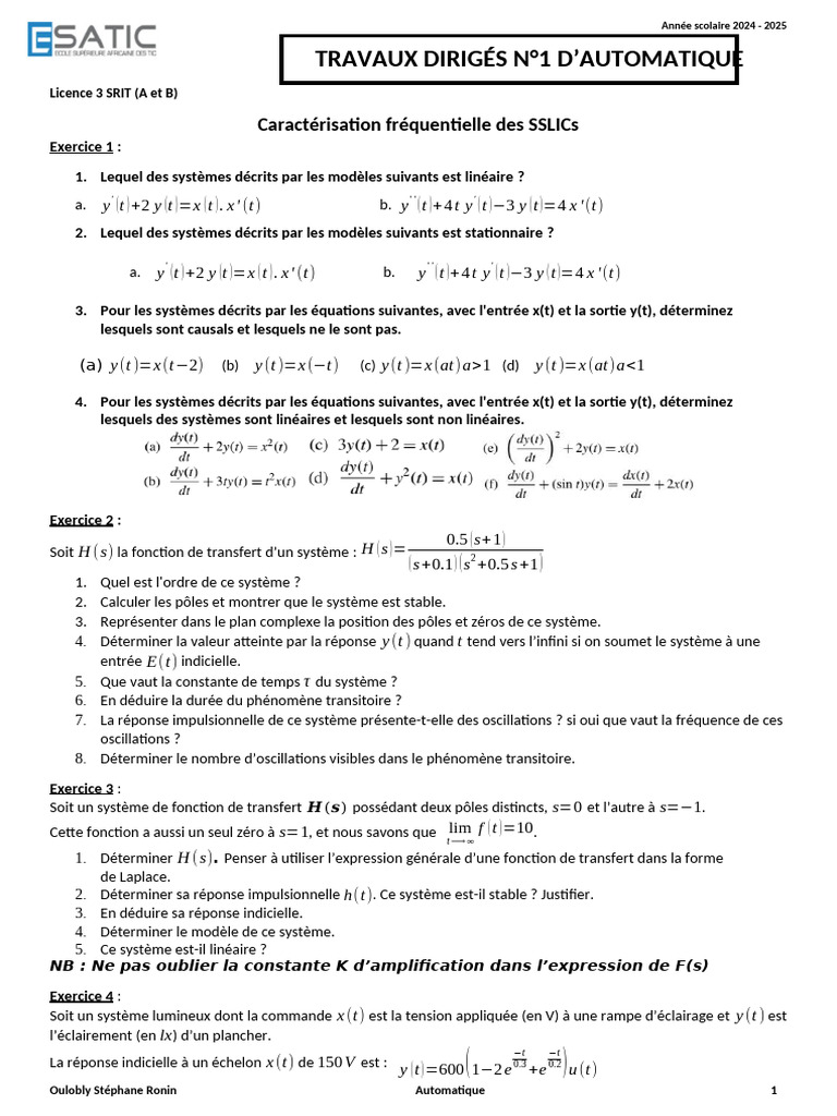 TD N°1 Automatique ES2425 SRIT3 | PDF