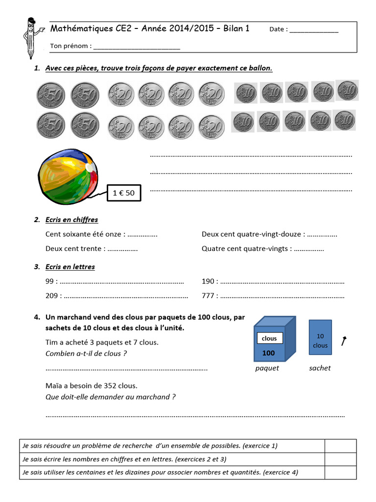 Mathematiques CE2 Bilan 1 | PDF