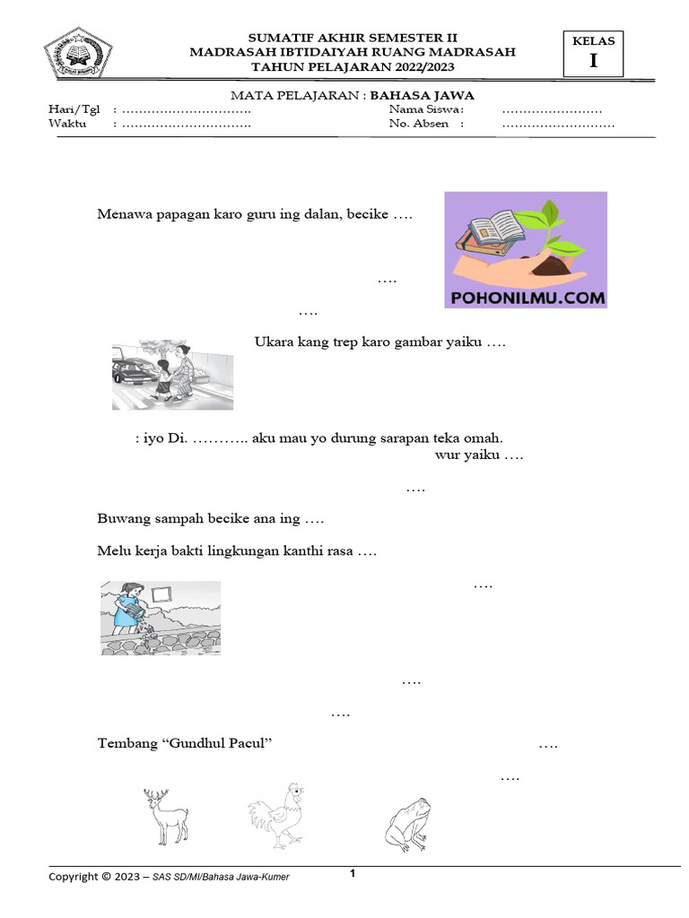 Soal PAT Bahasa Jawa Kls 1 | PDF