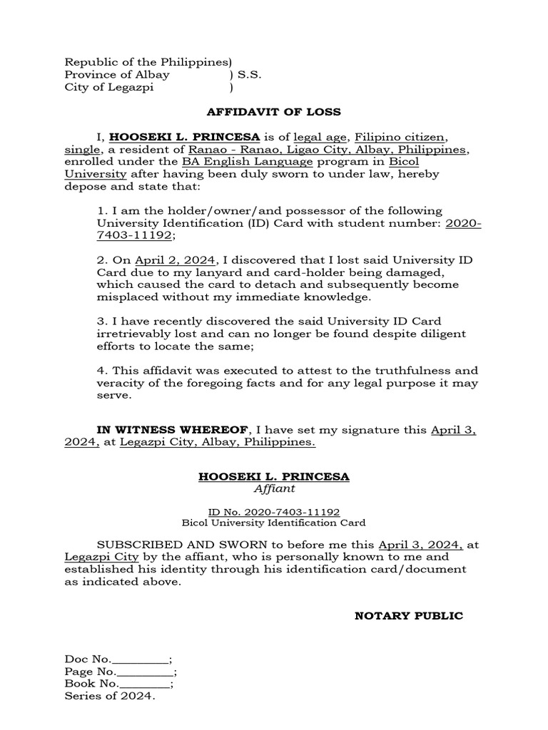 Sample Affidavit of Loss | PDF