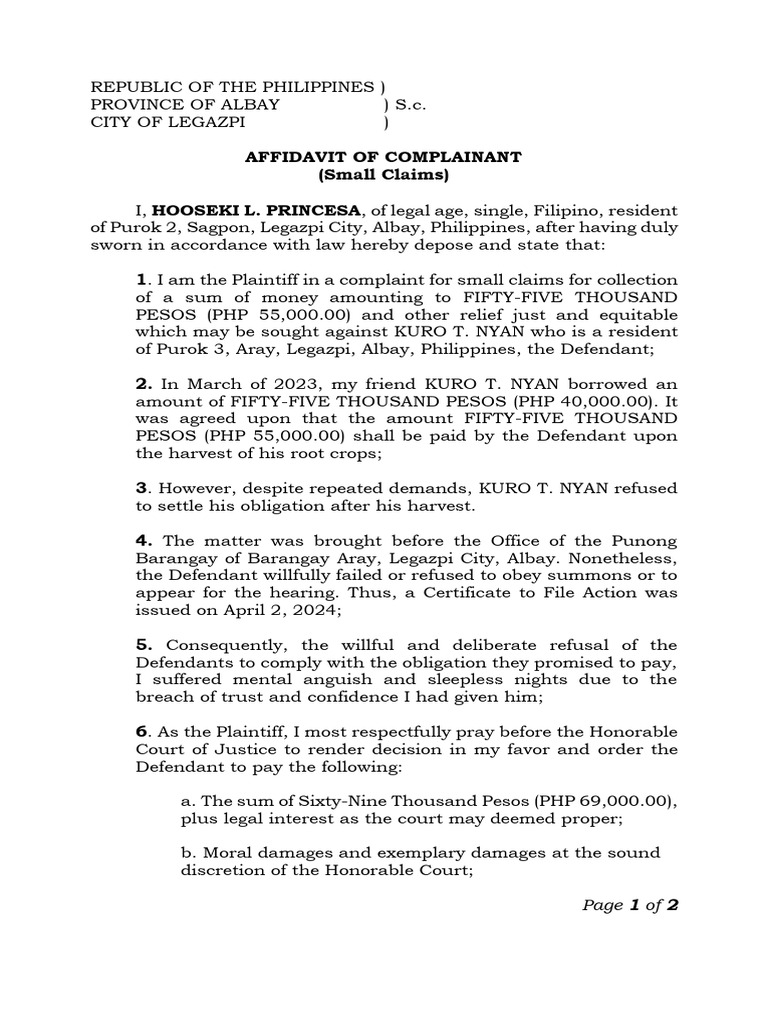 SAMPLE AFFIDAVIT OF COMPLAINANT (Small Claims) | PDF