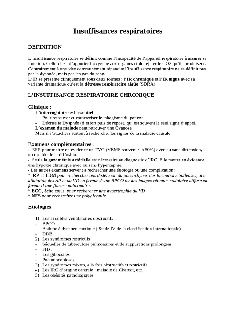Insuffisance respiratoire : définitions et traitements | PDF | Système ...