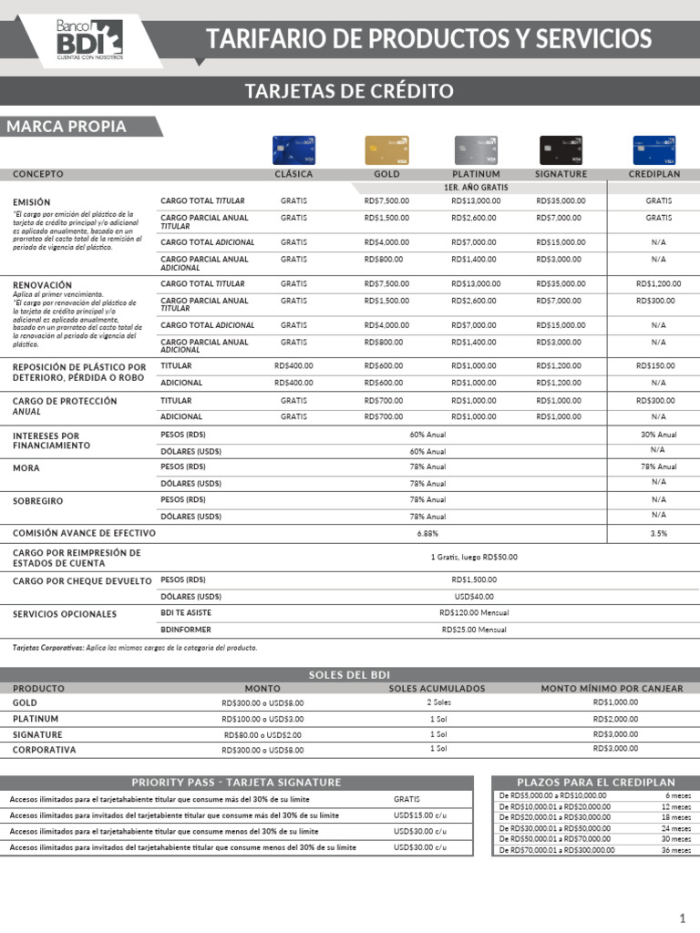 Tarifario de Productos y Servicios Banco BDI | PDF