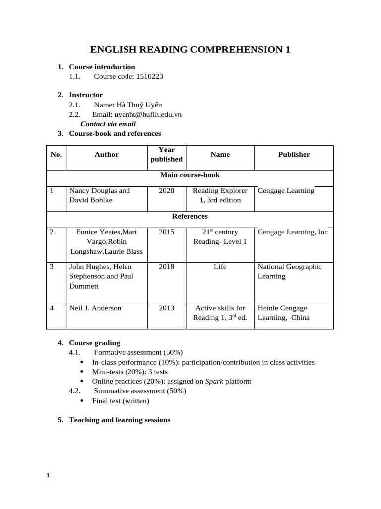 English Reading 1 - Course Overview | PDF