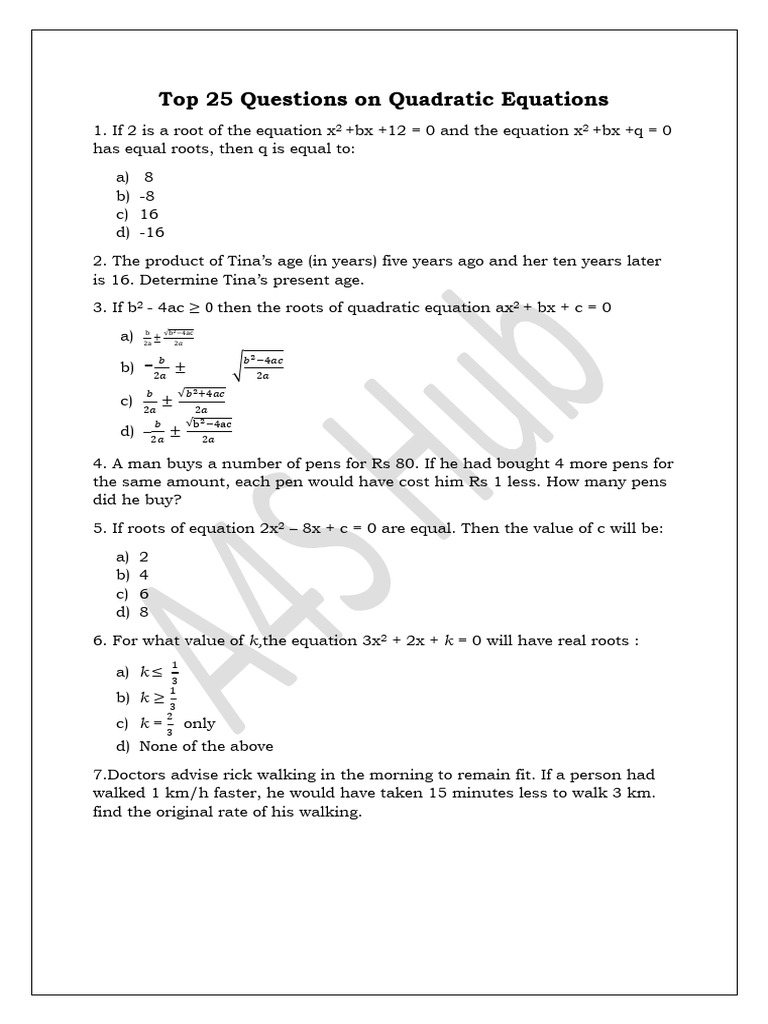 4.quadratic Equations Top 25 Questions Done | PDF