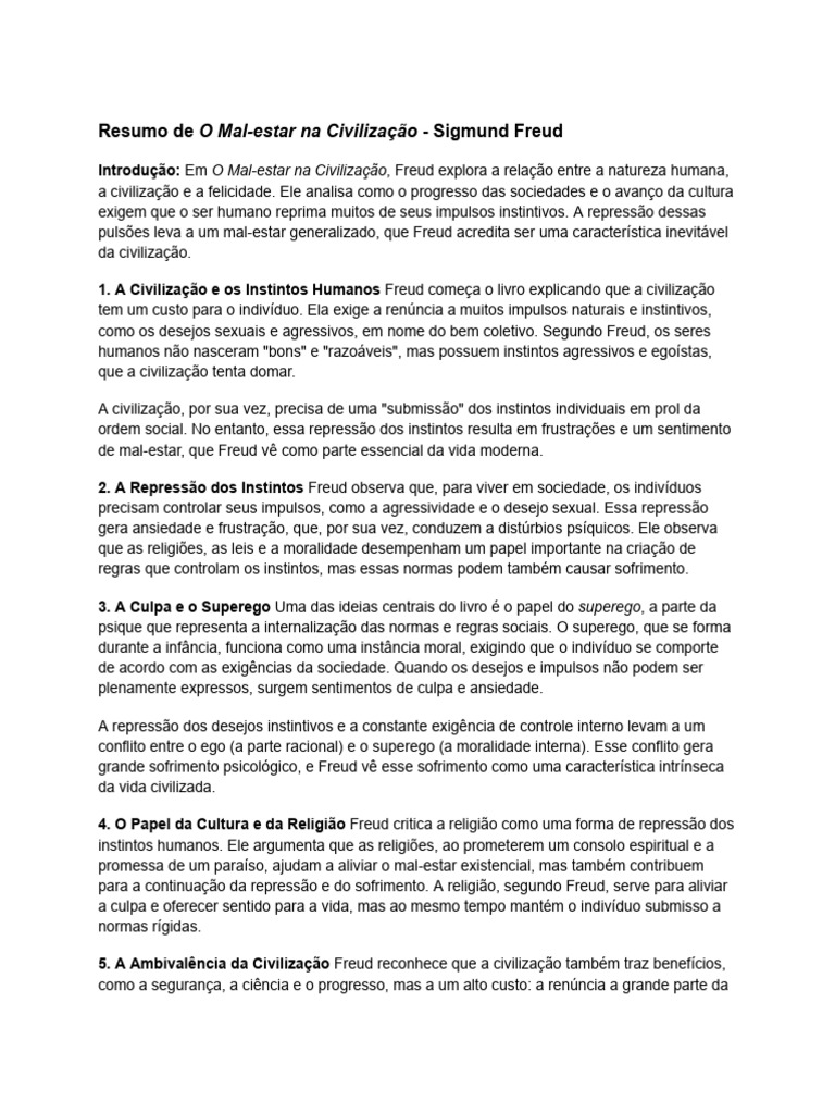 Resumo de O Mal-Estar Na Civilização - Sigmund Freud | PDF