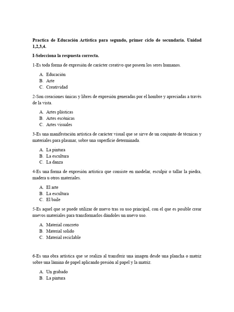 Practica de Educación Artística para Segundo PARTE CORRECTA | PDF ...