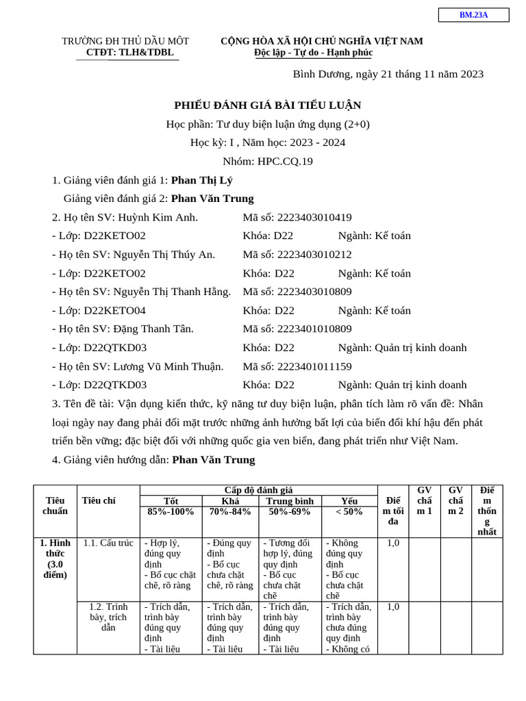 Phiếu chấm Tiểu luận - TDBL thầy Trung | PDF
