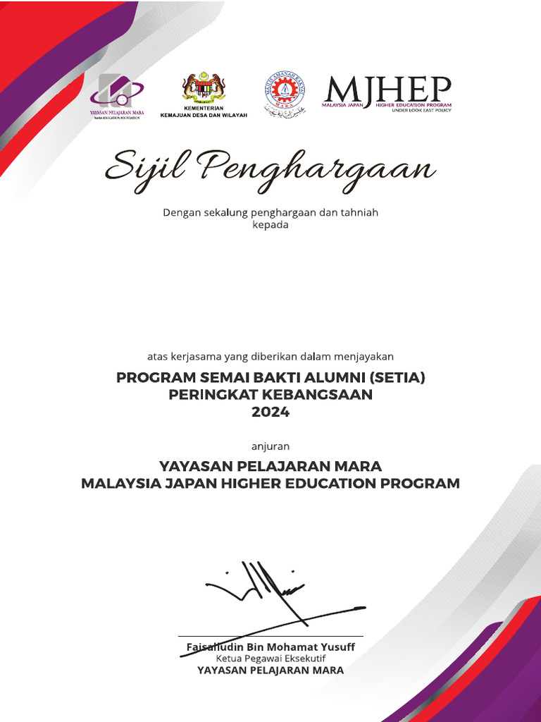 Sijil Program Setia Ypm Mjhep PPD Dan Sekolah | PDF