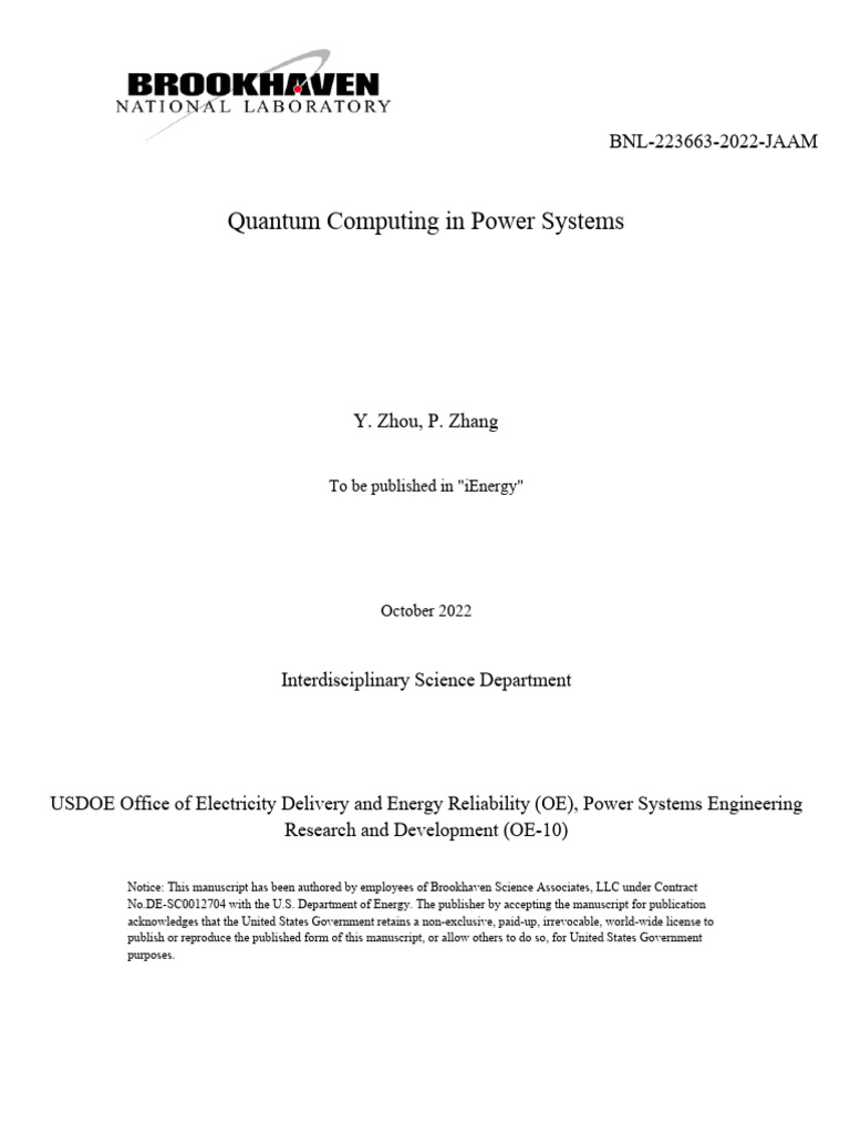 Quantum Computing in Power Systems: BNL-223663-2022-JAAM | PDF