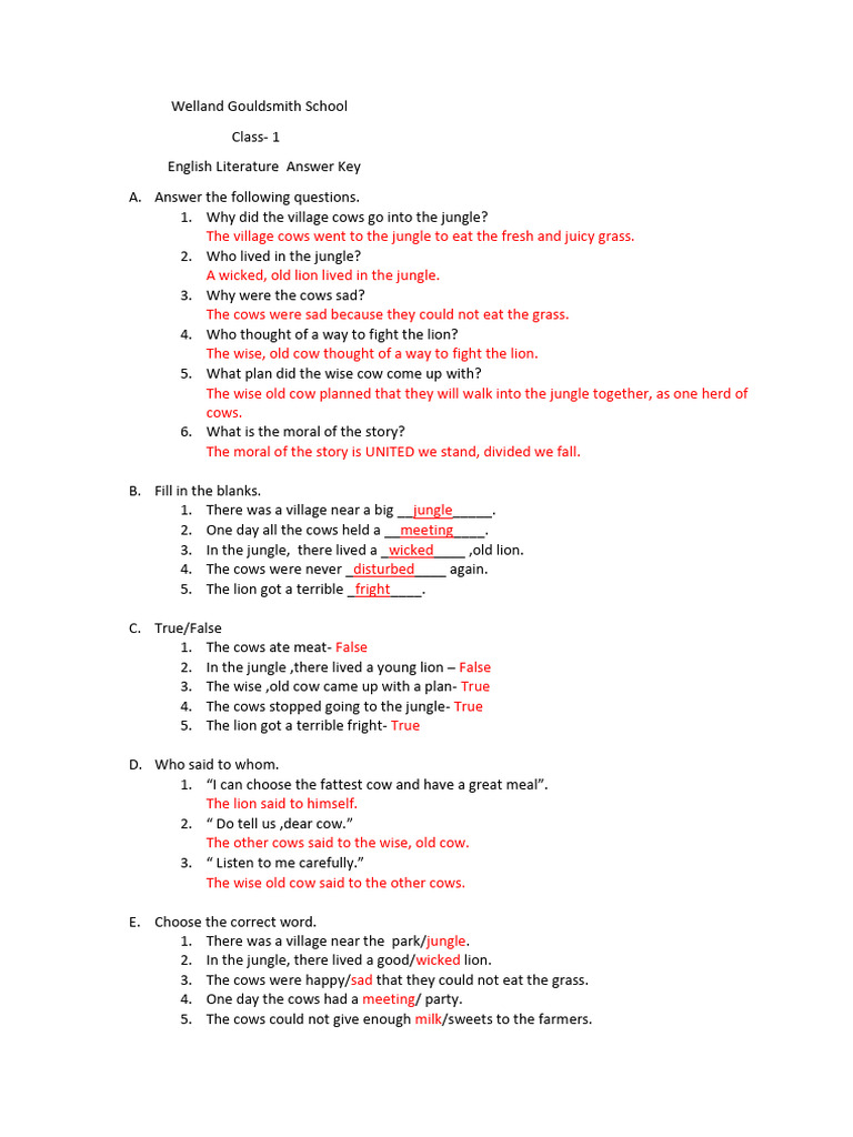 Class-1-English-Literature-Answer-Key | PDF