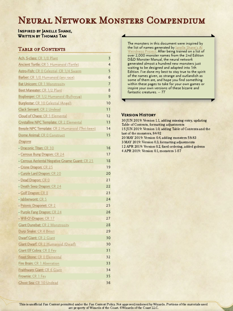 Neural Network Monsters Compendium - GM Binder | PDF