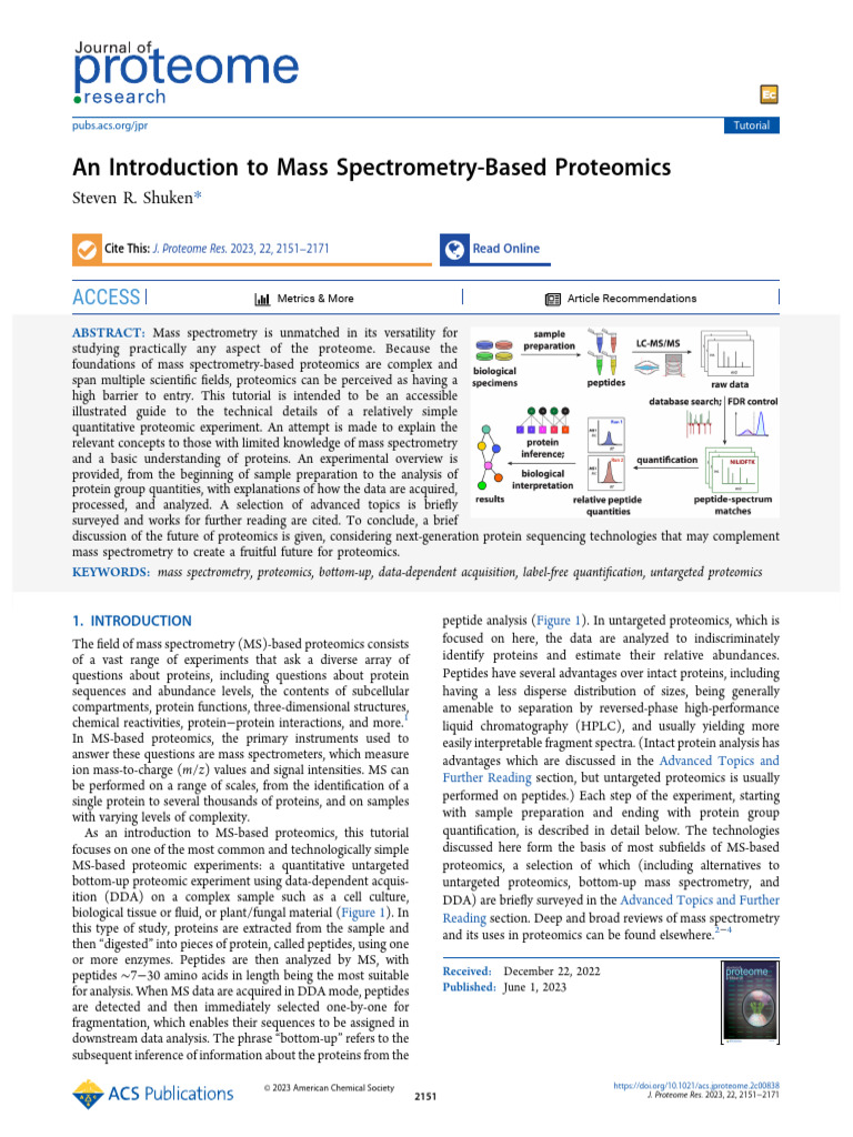 Shuken 2023 An Introduction To Mass Spectrometry Based Proteomics | PDF