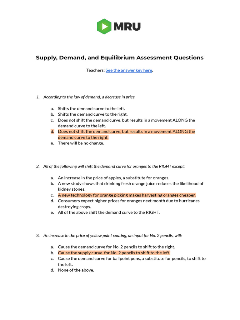 Supply, Demand, and Equilibrium Assessment Questions - MRU (Without ...