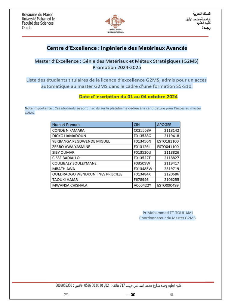 Liste Des Admis Automatiquement Au Master G2MS 2024-25 | PDF