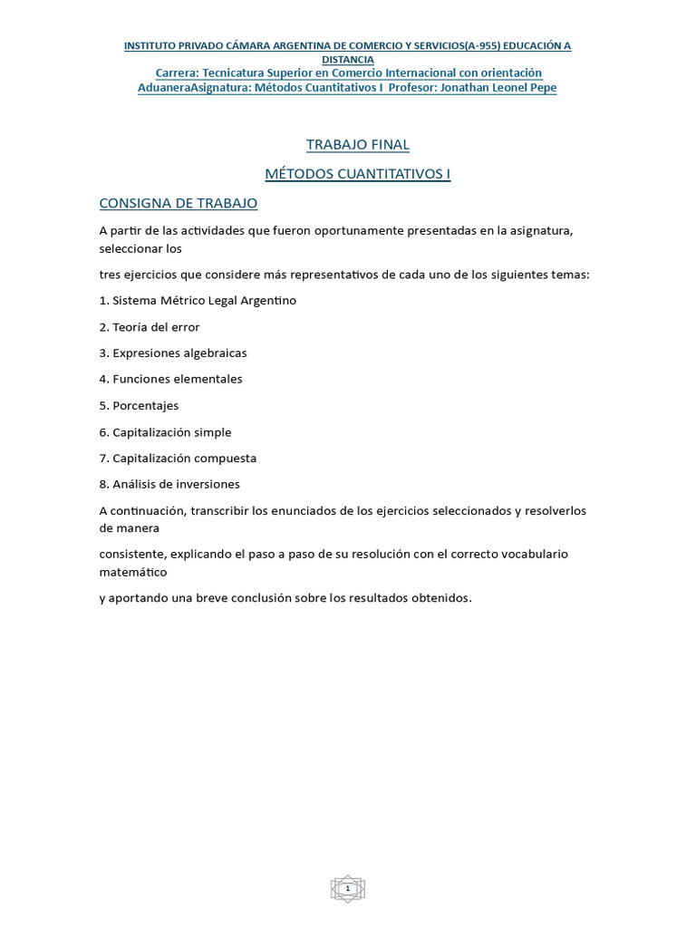 TP Metodos Cuantitativos 1 Final Integrador | PDF | Factorización | Métodos y materiales de ...