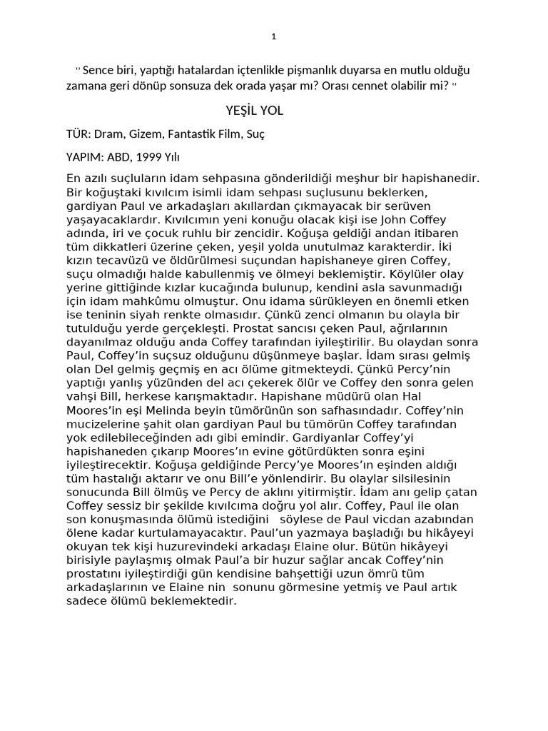 The Green Mile Yeşil Yol Filminin Eleştirisi | PDF