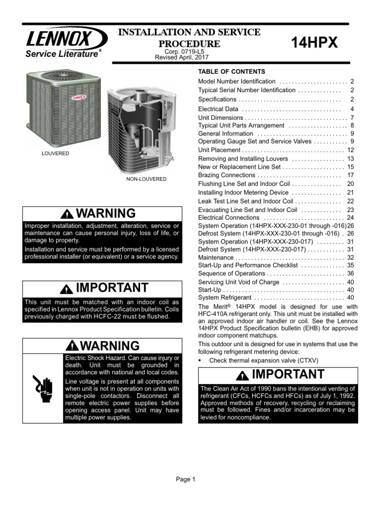 Lennox 14hpx03623017 | PDF