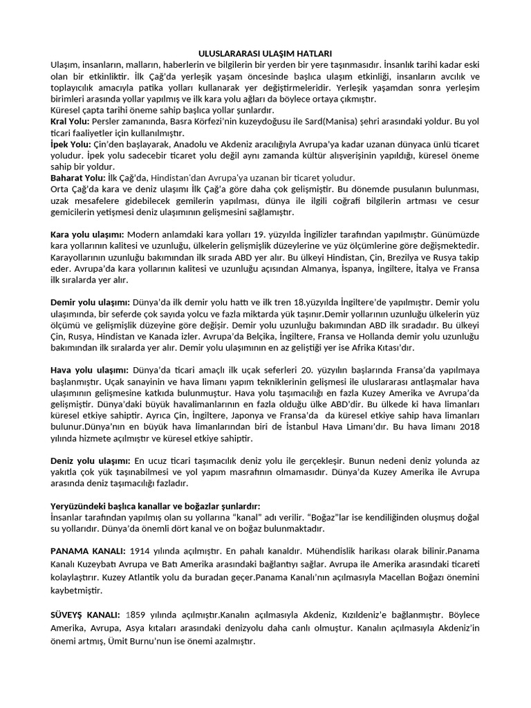 Uluslararasi Ulaşim Hatlari - Özet | PDF