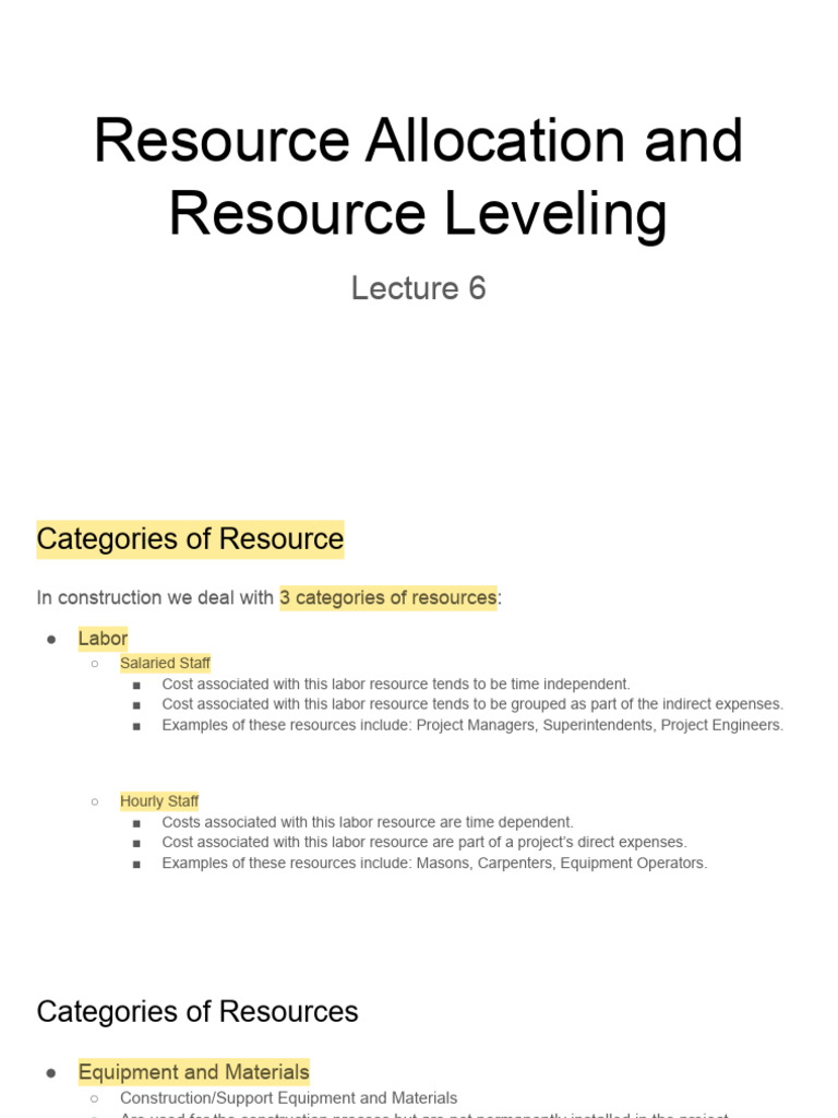Lecture 6 - Resource Allocation and Resource Leveling | PDF