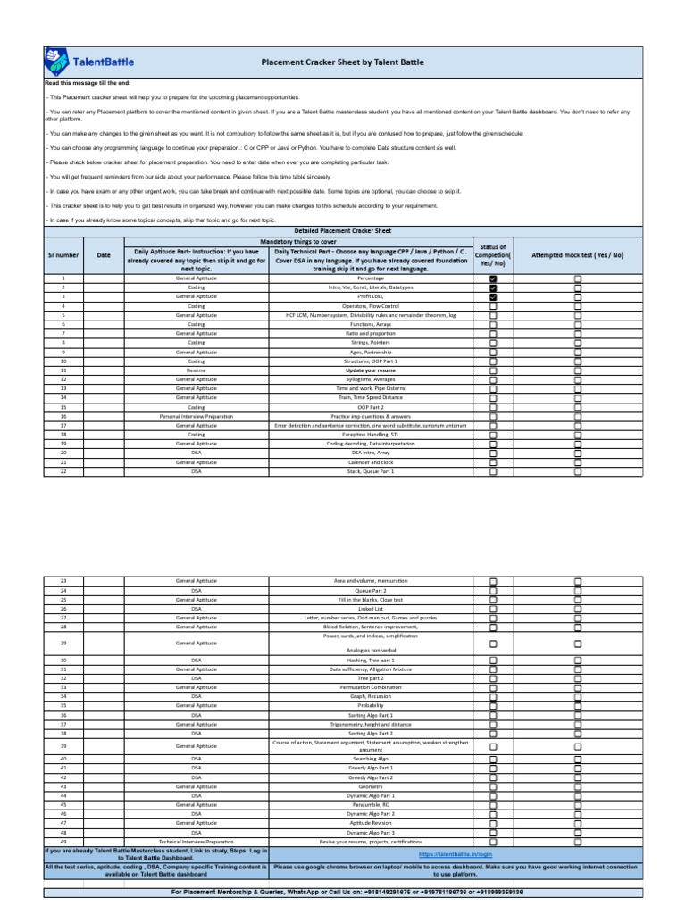 Placement Cracker Sheet by Talent Battle - Google Sheets | PDF ...