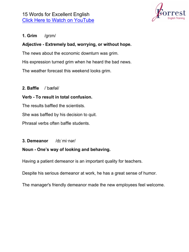 15 Words for Excellent English by JForrest English | PDF