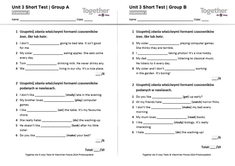 Together kl5 Short Test U3 Grammar 2 AB | PDF
