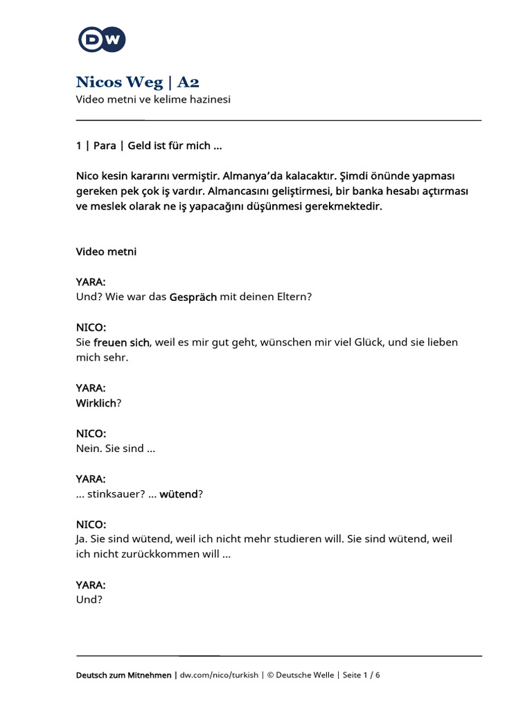 Nicos Weg A2 E1 L1 Manuskript Und Wortschatz Tuerkisch | PDF