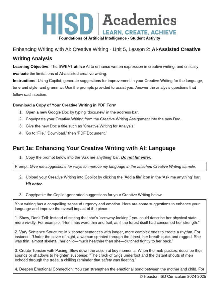 AKW AI U5 L2 AI-Assisted Creative Writing 1a-1d | PDF | Artificial Intelligence | Intelligence ...