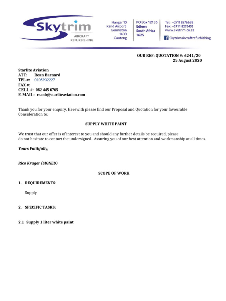 OUR REF: QUOTATION #: 6241/20 25 August 2020 Starlite Aviation ATT: Rean Barnard TEL #: FAX # | PDF