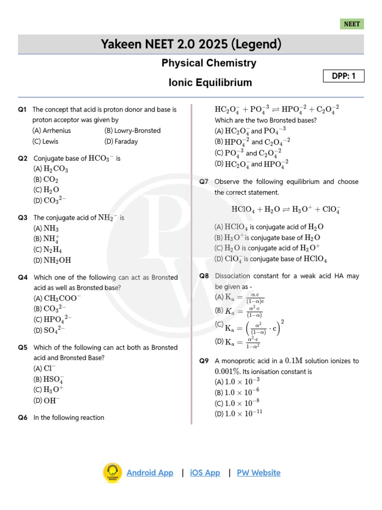 Ionic Equilibrium DPP 01 Yakeen NEET 2.0 2025 (Legend) | PDF