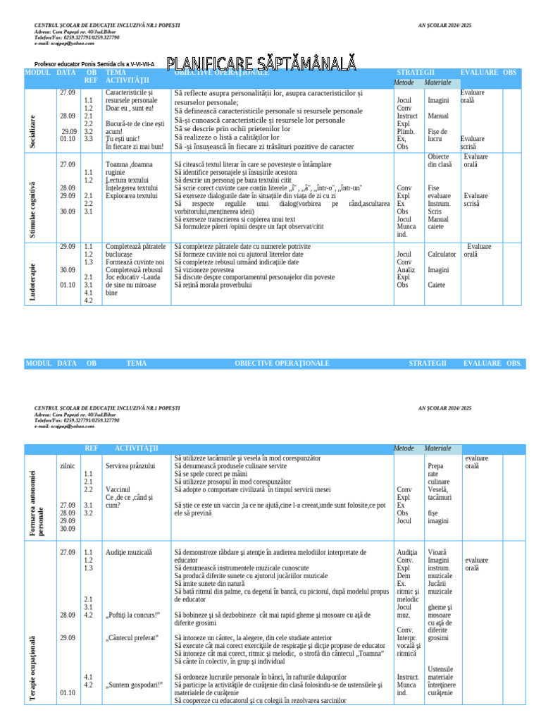 Planificari Saptamanale | PDF