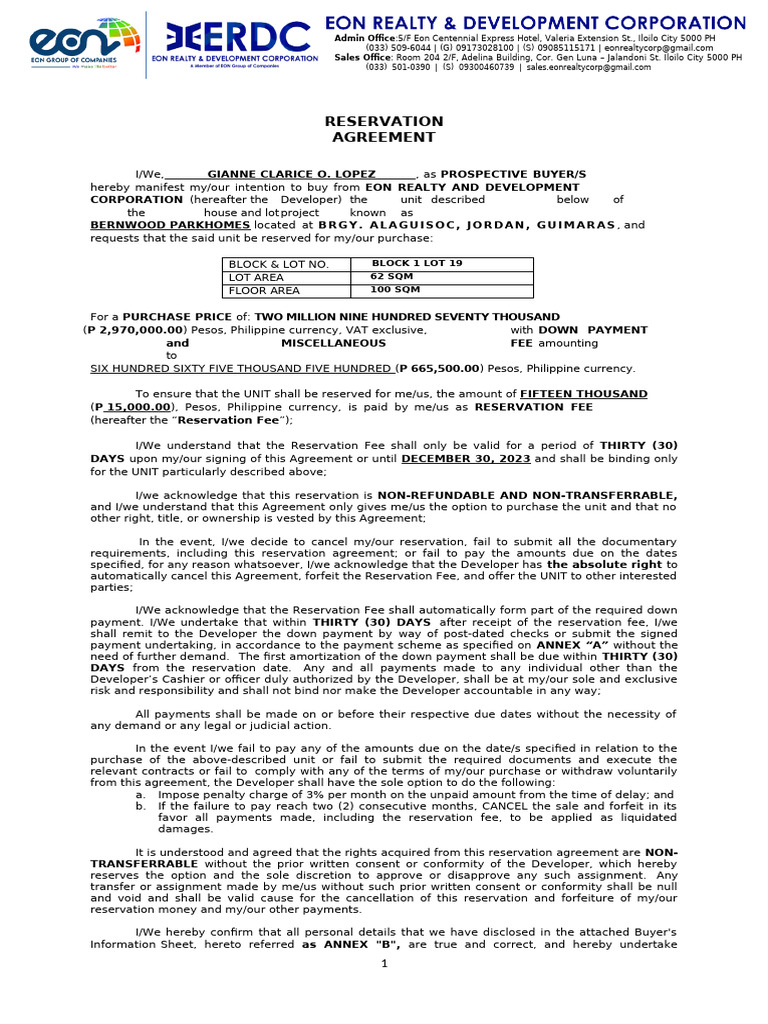 Reservation Agreement | PDF