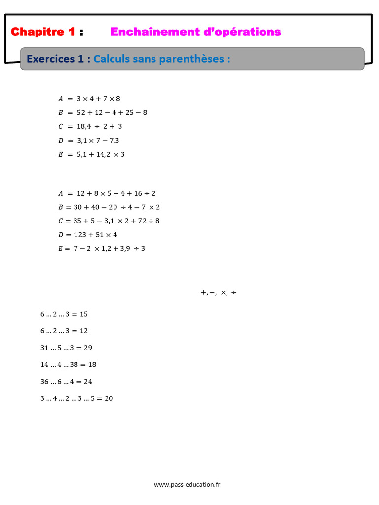Exercices Calculs Sans Parenthèses 5ème Enchaînements Dopérations | PDF