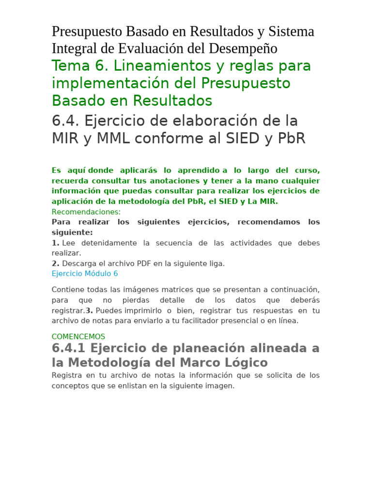 6.4. Ejercicio de Elaboración de La MIR y MML Conforme Al SIED y PBR ...