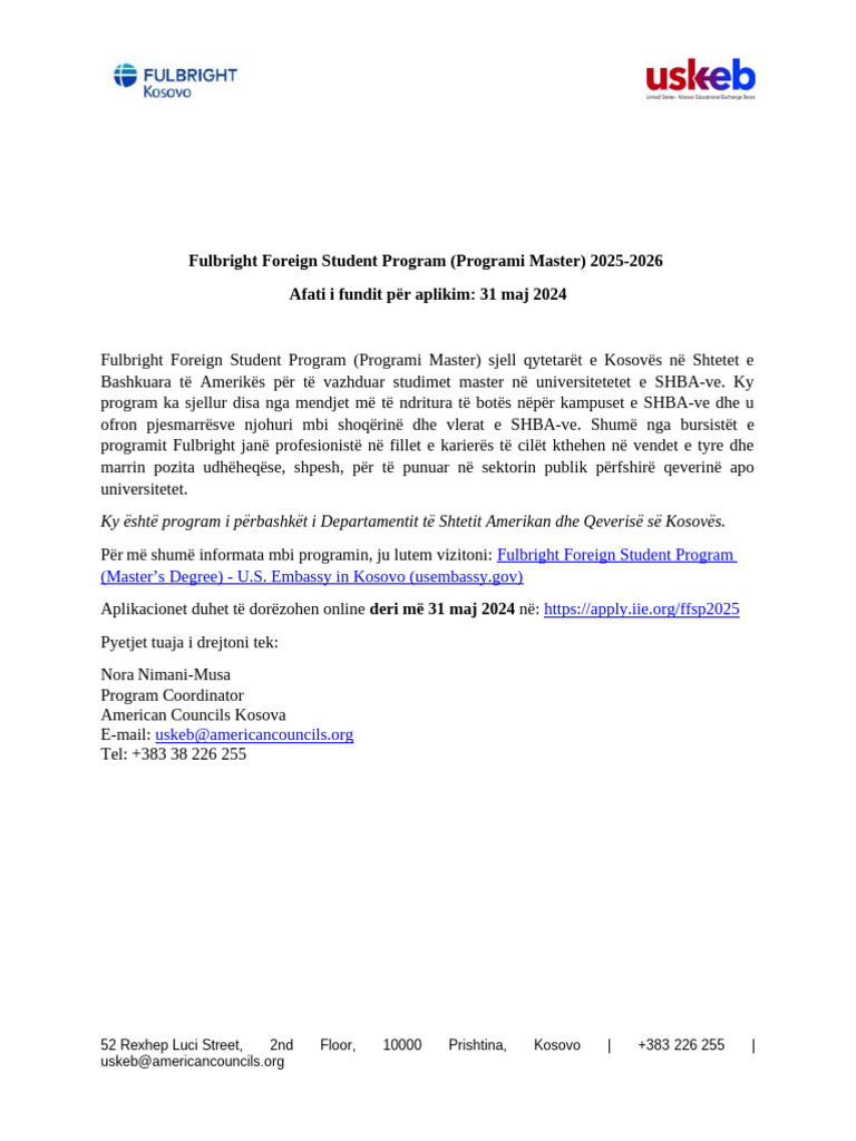 Fulbright Foreign Student Program Programi Master 2025 2026 | PDF