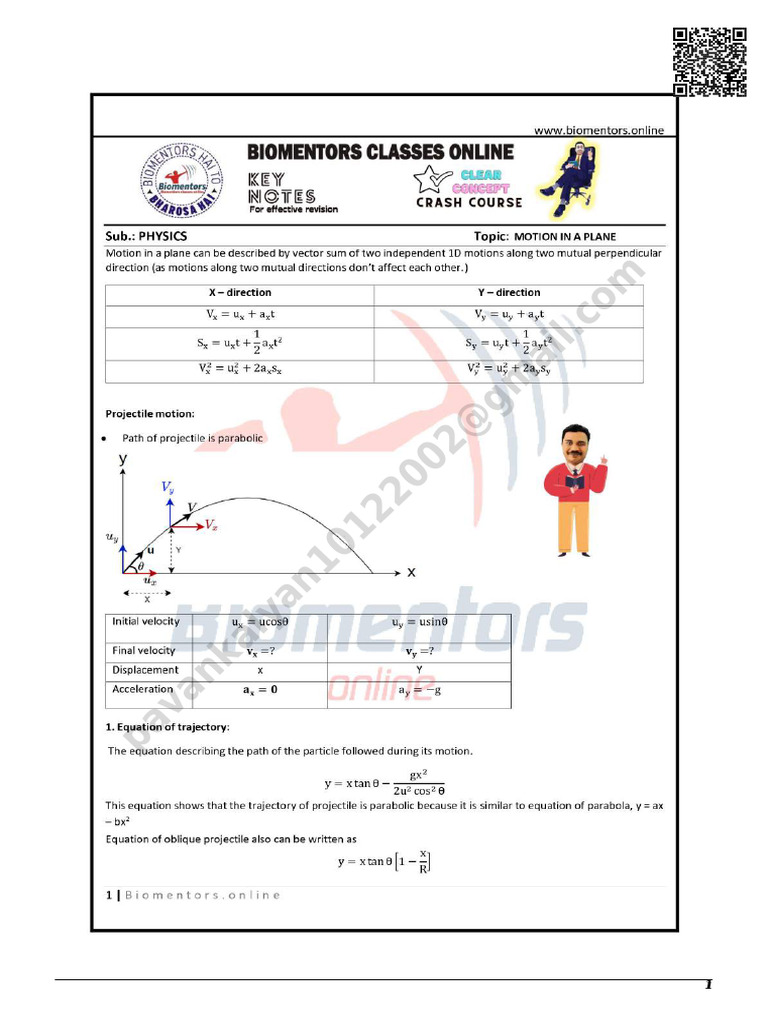 Physics - Motion in A Plane - Crash Course Notes | PDF