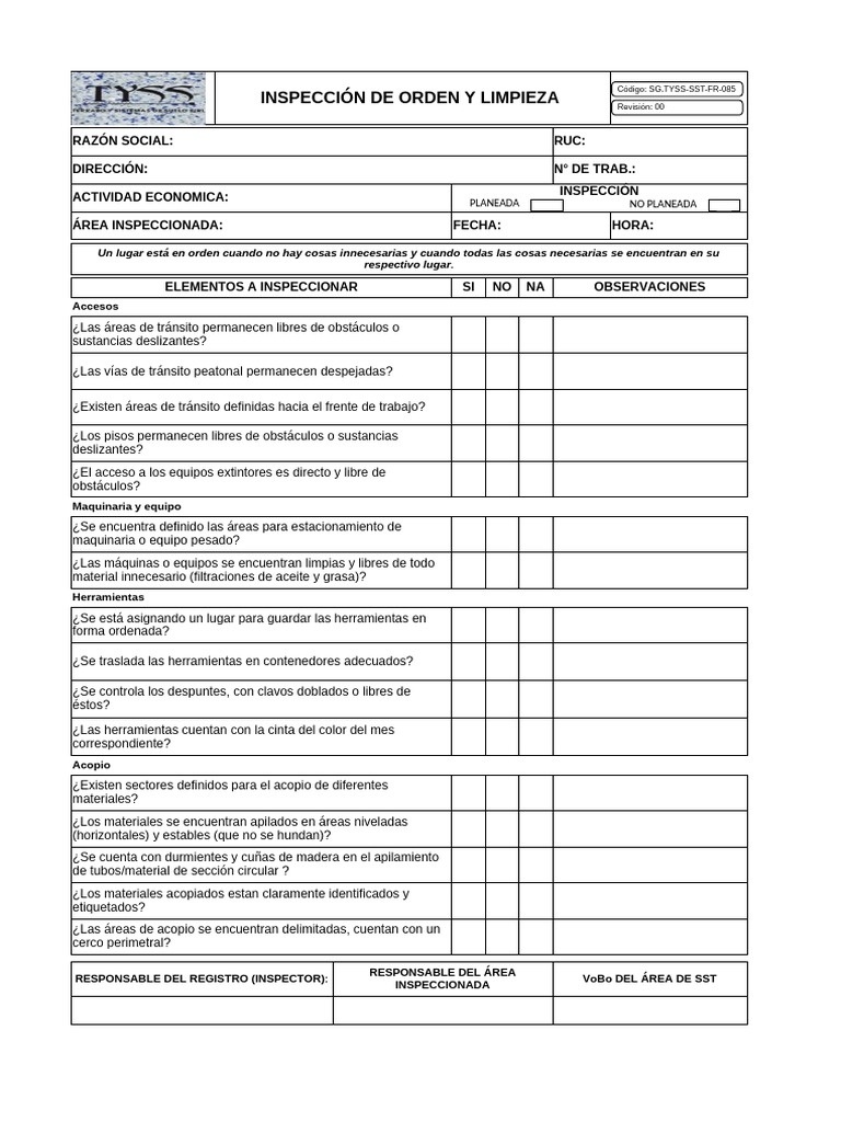 TYSS-SST-FR-016 - Rev00 - Inspección de Orden y Limpieza | PDF