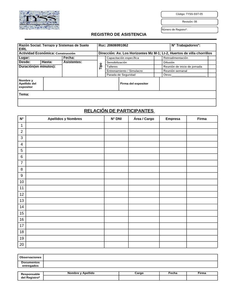 Registro de Asistencias Sub Contratistas TYSS | PDF