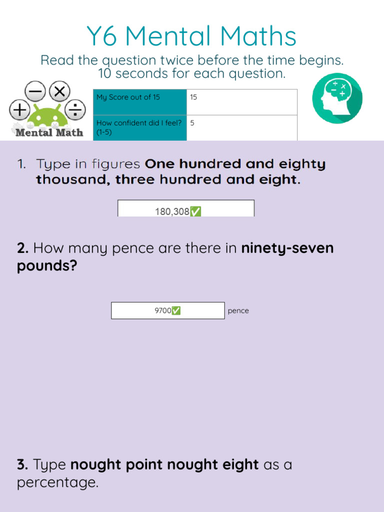 Y6 Mental Maths Quiz | PDF