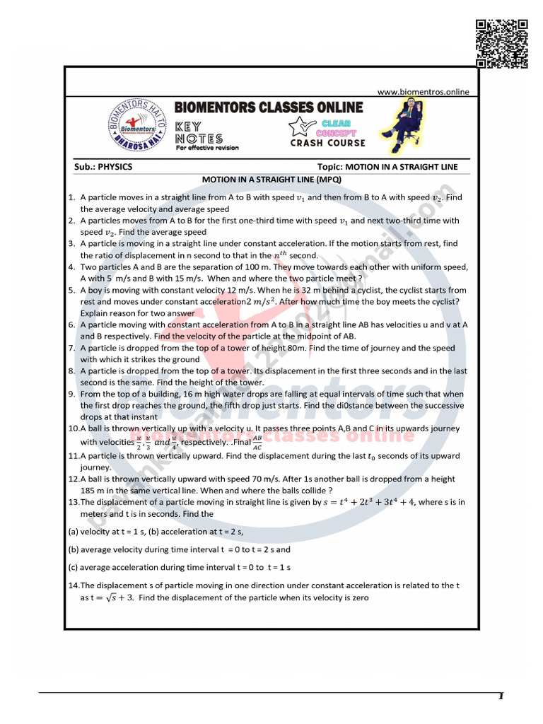 Motion in A Straight Line MPQ - Crash Course Key Notes | PDF