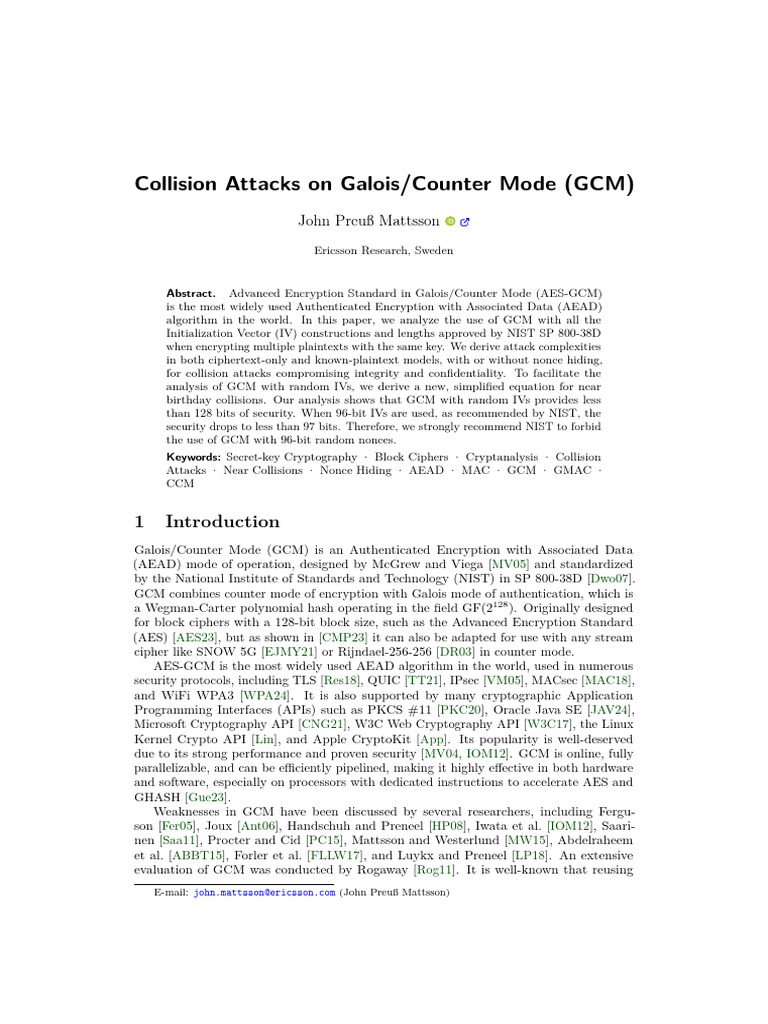 Collision Attacks On Galois/Counter Mode (GCM) : John Preuß Mattsson | PDF